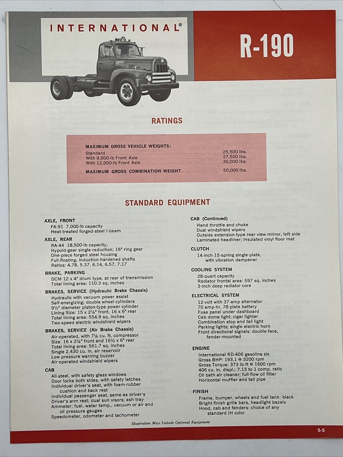 1963 INTERNATIONAL HARVESTER MODEL R-190 Ratings Equipment Dimensions ...