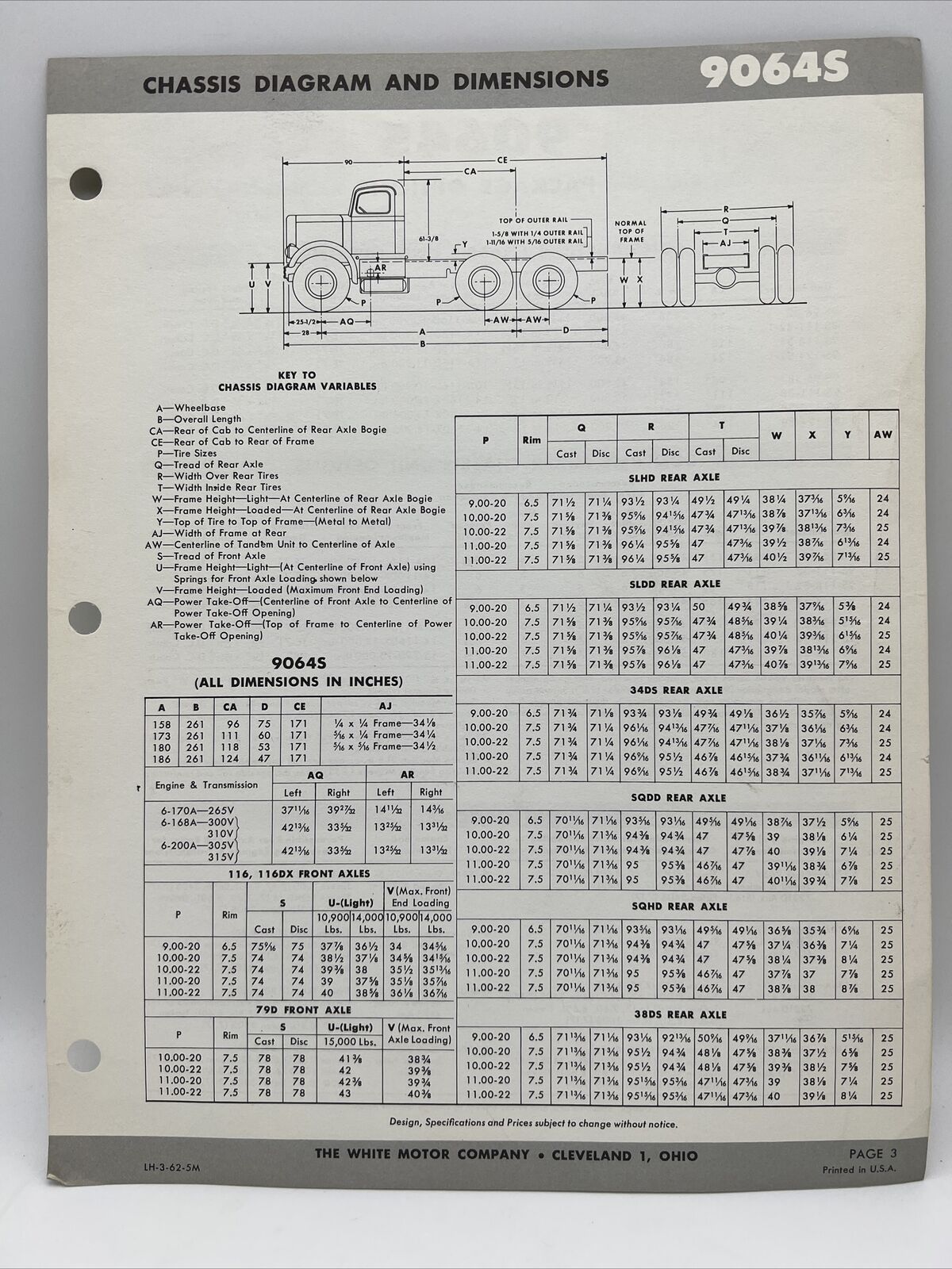 1962 WHITE TRUCKS DATA BOOK 9064S PACKAGE OPTIONS Chassis Diagram and ...