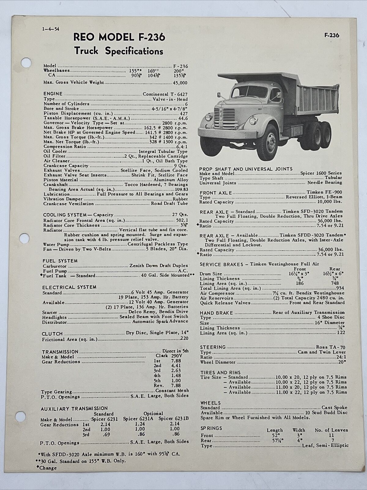 1954 REO MODEL F-236 TANDEM TRUCK SPECS Chassis Diagram Dimensions ...