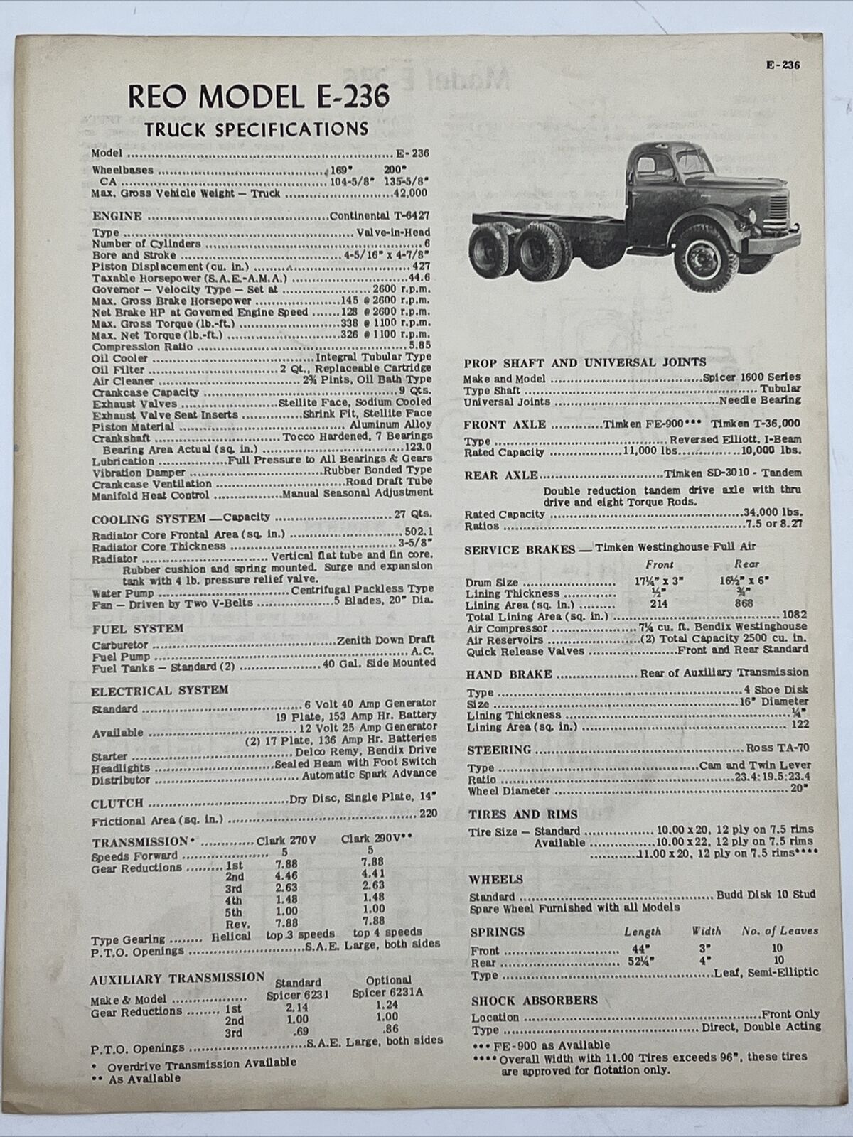 1950 REO MODEL E-236 TRUCK SPECIFICATIONS Chassis Diagram Dimensions ...
