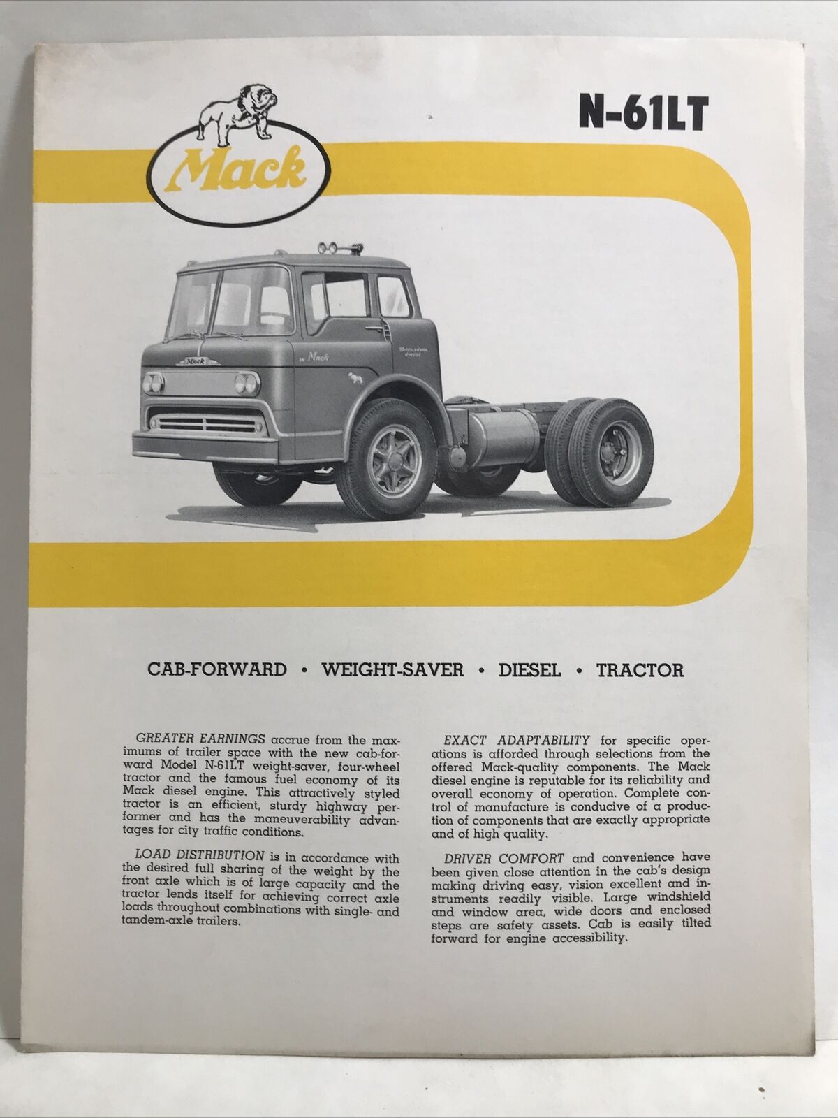 1957 MACK MODEL N-61LT Tractor Diesel Truck Specifications Sheet Dealer ...