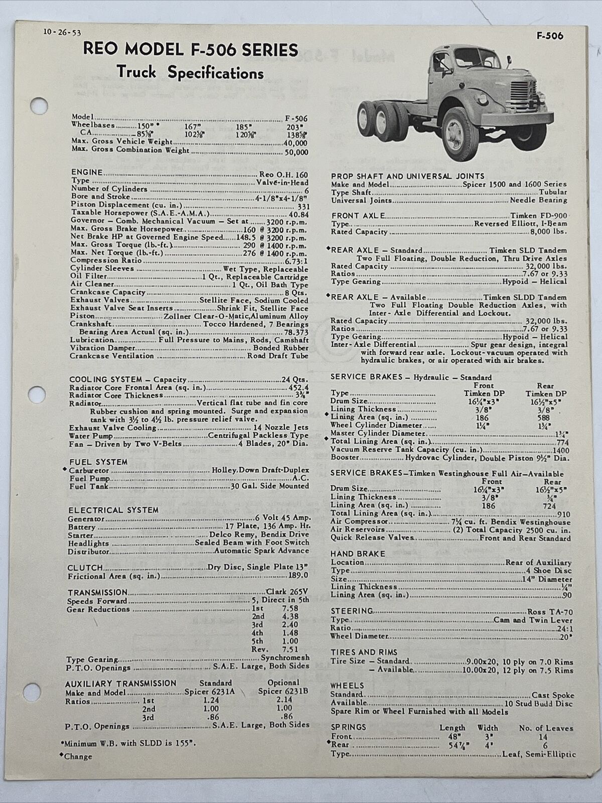 1953 REO MODEL F-506 TRUCK SPECIFICATIONS Chassis Diagram Dimensions ...