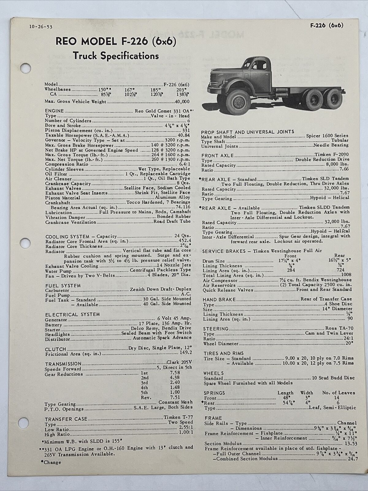 1953 REO MODEL F-226 TRUCK SPECIFICATIONS Chassis Diagram Dimensions ...