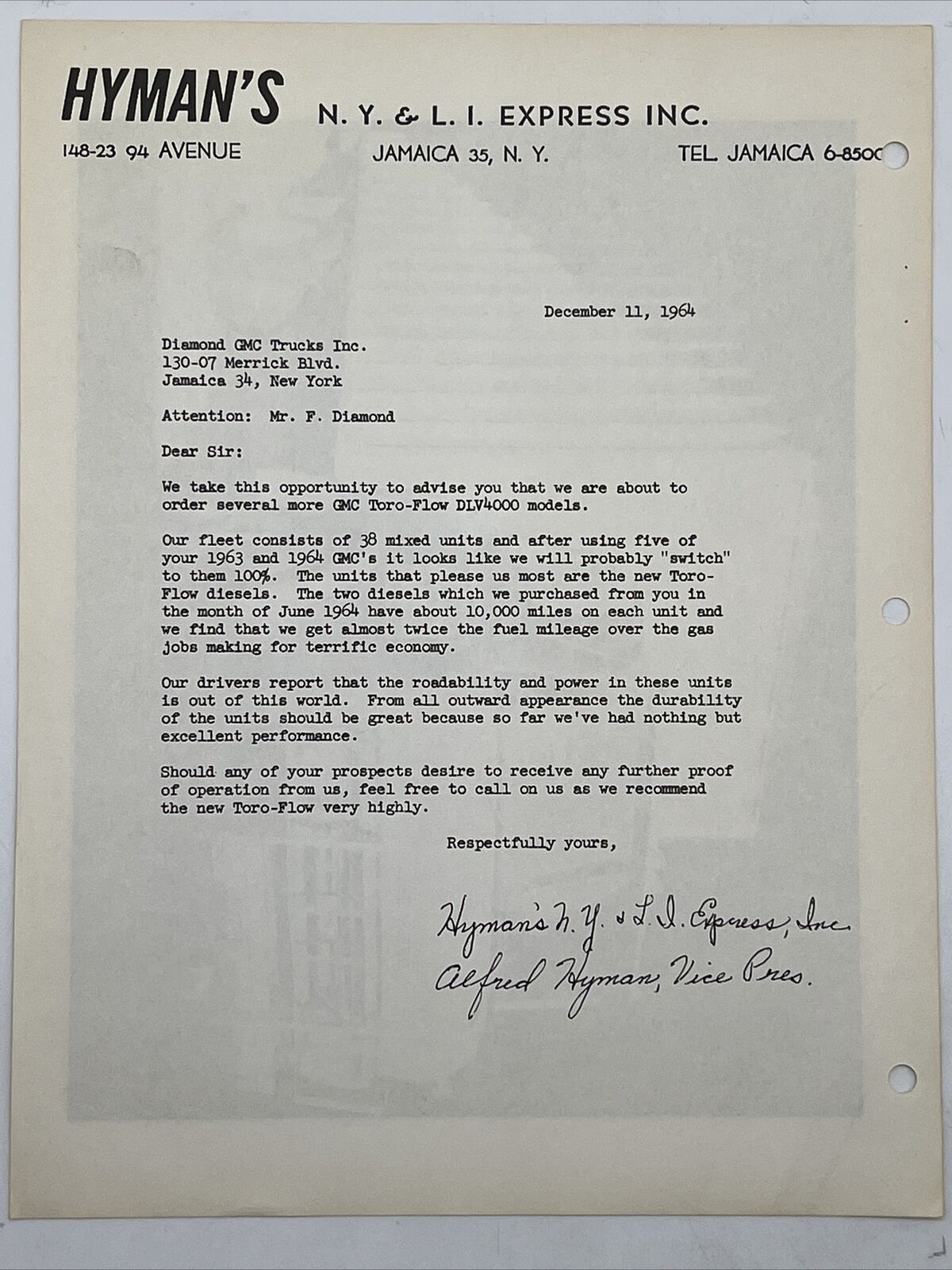1964 HYMAN'S NY & LI EXPRESS TESTIMONIAL LETTER TO DIAMOND GMC TRUCKS ...
