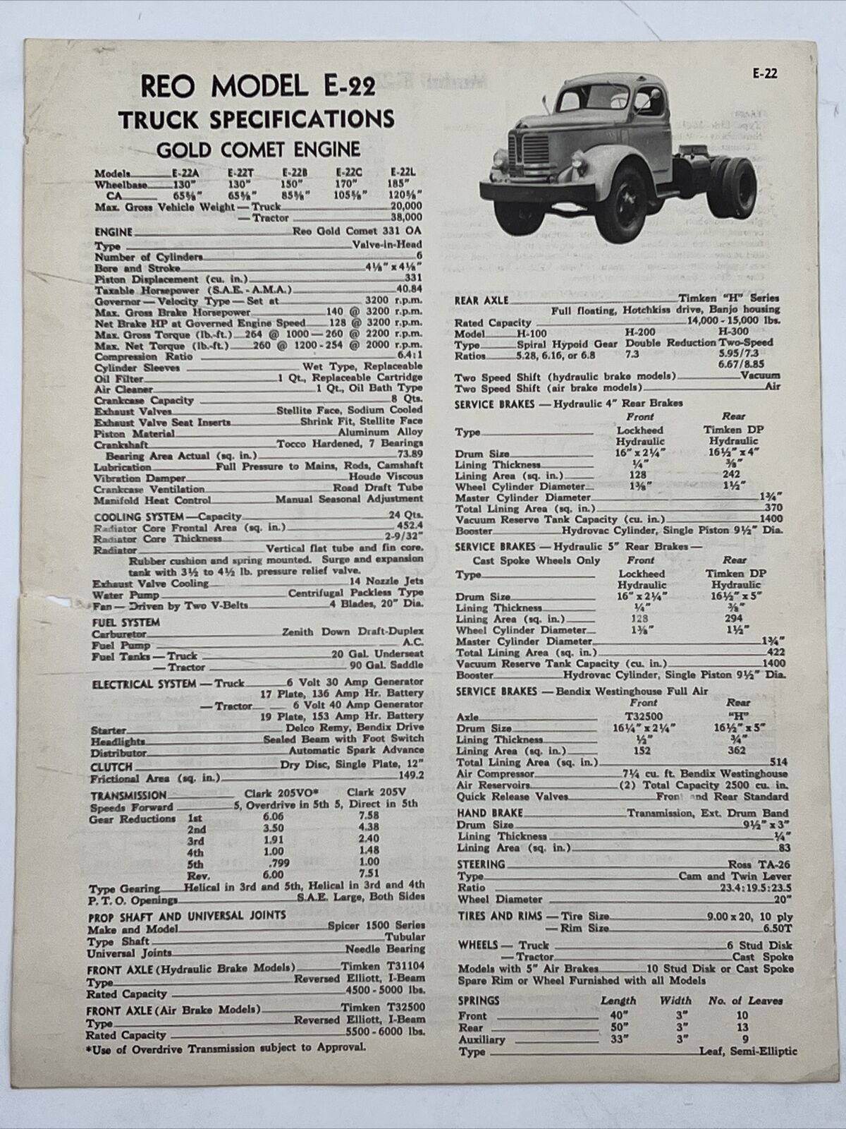 1949 REO MODEL E-22 TRUCK SPECS GOLD COMET Chassis Diagram Dimensions ...