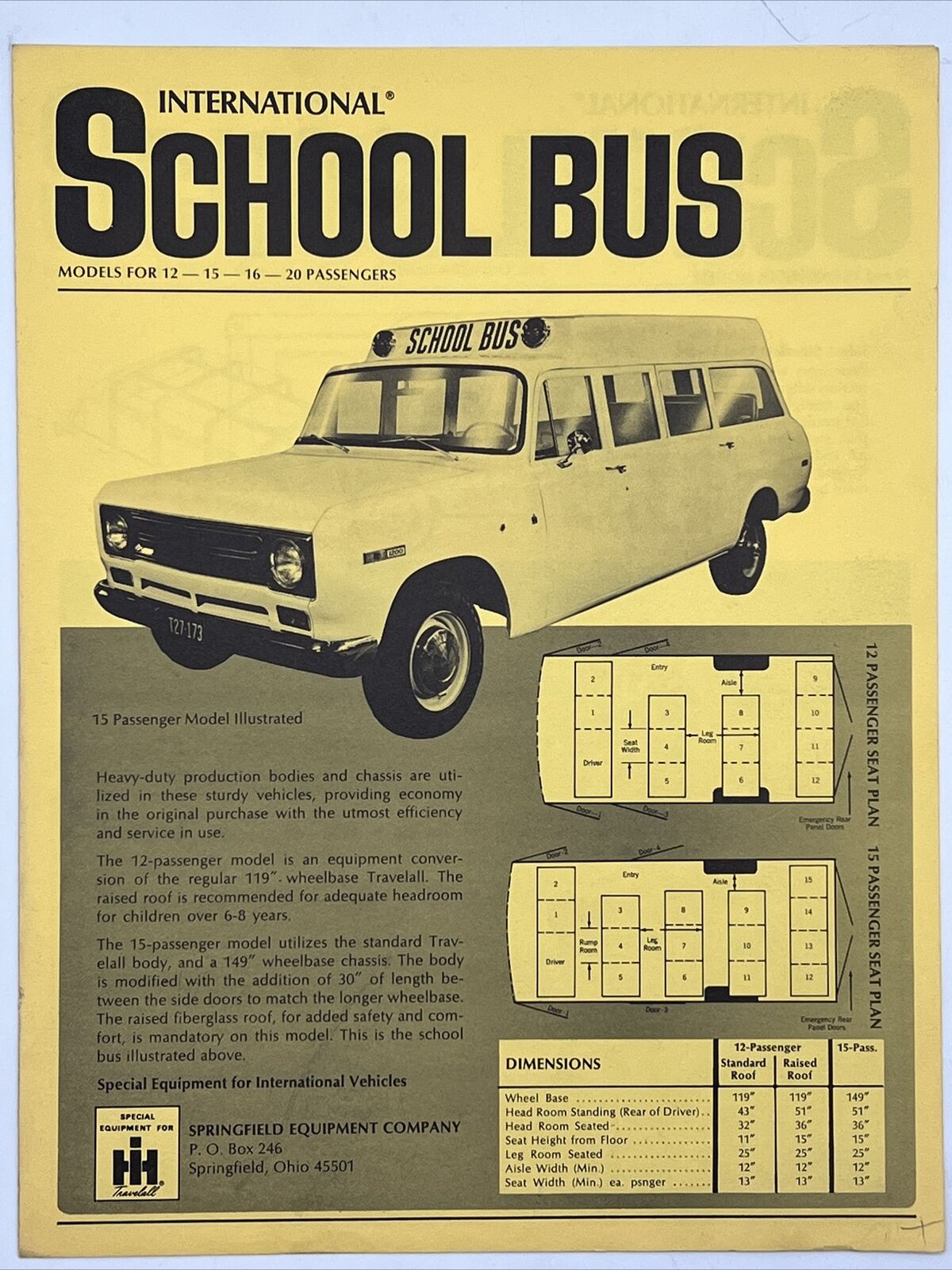 1969 INTERNATIONAL HARVESTER TRUCKS SCHOOL BUS MODELS 12-20 Passenger ...