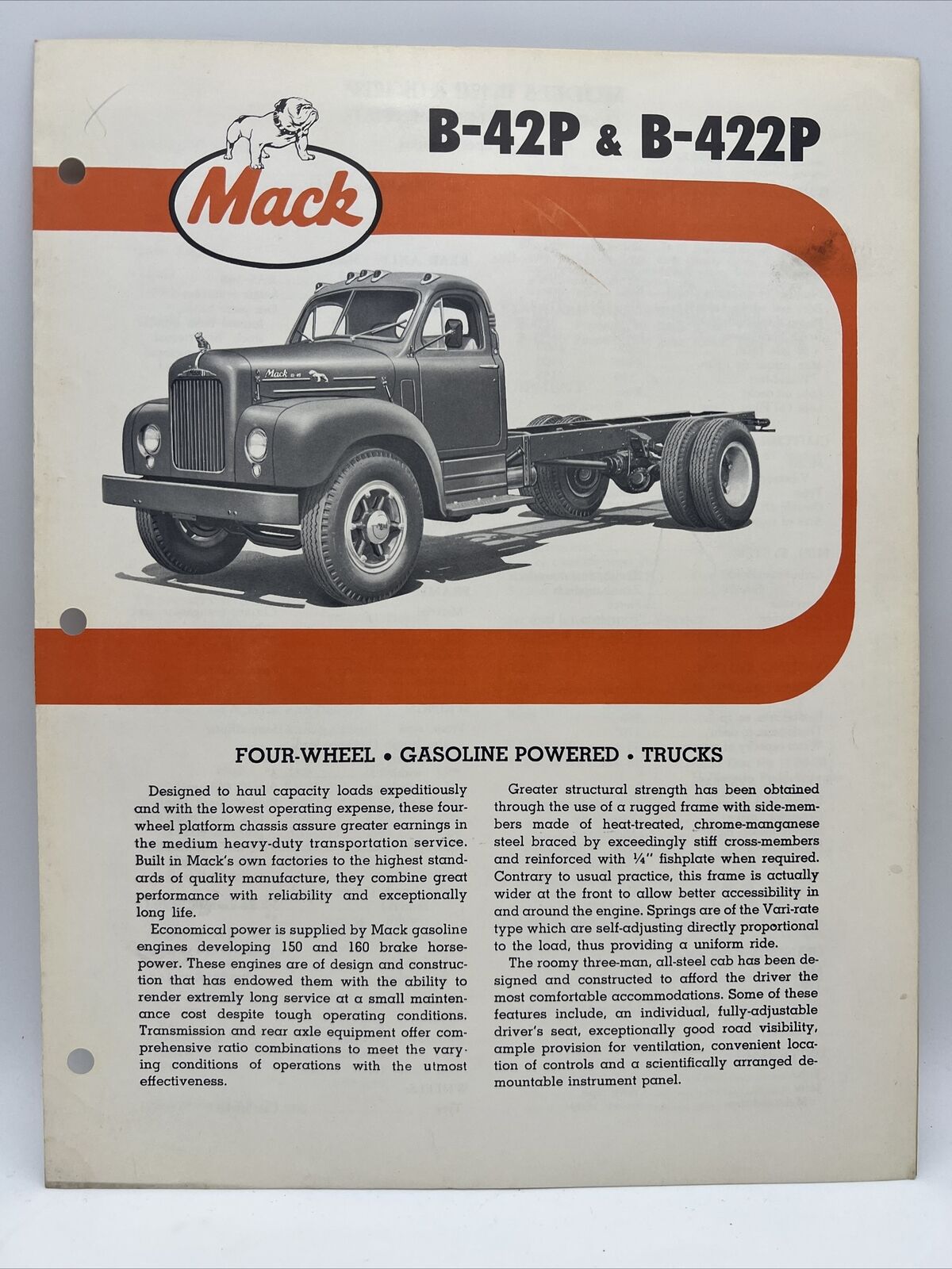 1961 MACK MODELS B-42P & B-422P Four-Wheel Gasoline Equipment Chassis ...