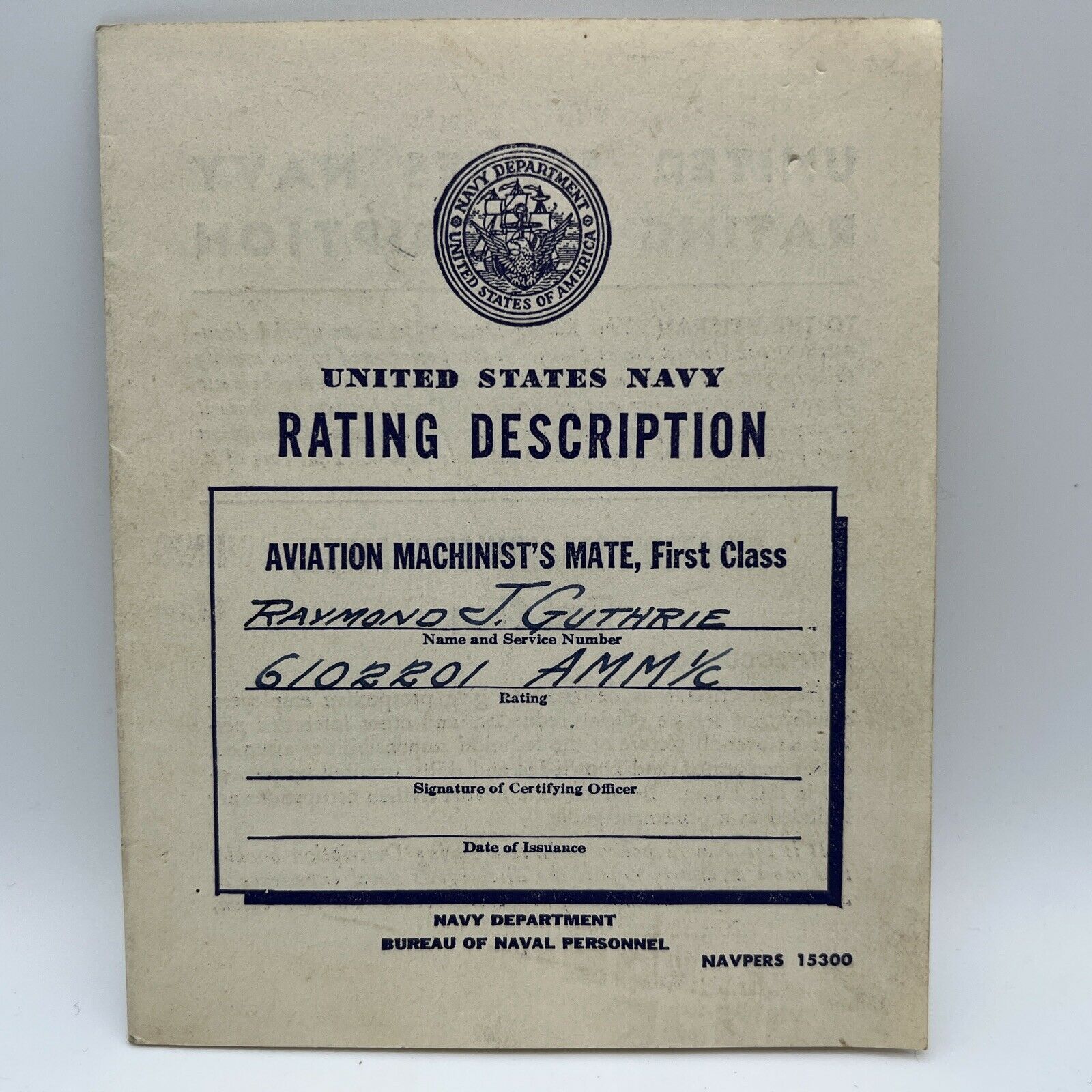 1945 UNITED STATES NAVY RATING DESCRIPTION AVIATION MACHINIST'S MATE ...