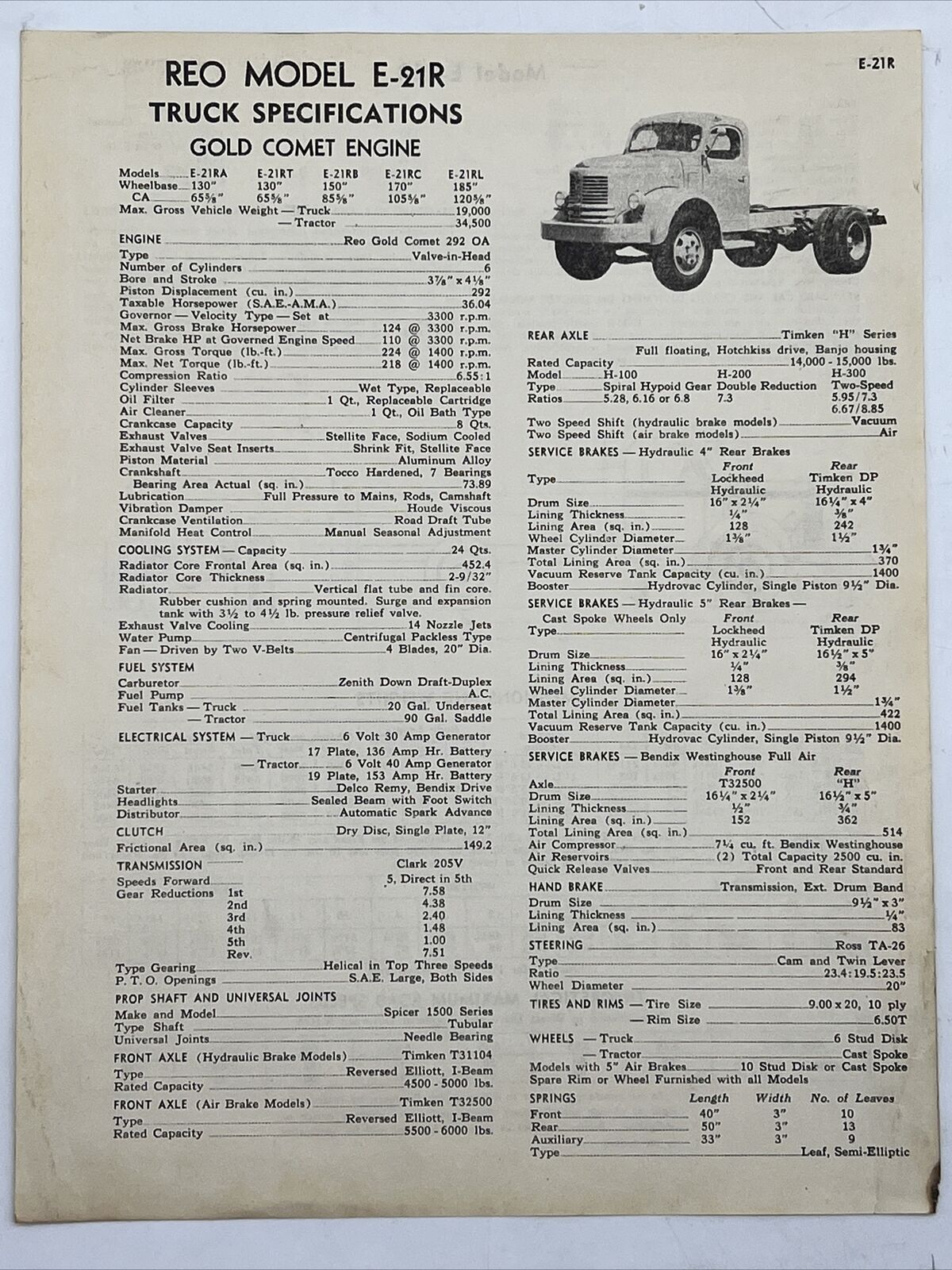 1949 REO MODEL E-21R TRUCK SPECIFICATIONS Gold Comet Engine Chassis ...